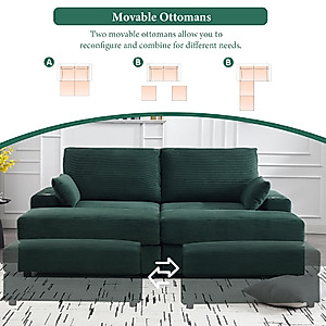 KIVENJAJA 82.7” Corduroy Sectional Couch, Double Chaise Lounge Sofa, Deep Seat Oversized Loveseat with Ottomans, Cup Holder & USB Port for Living Room Apartment Small Space, Green