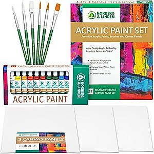 Norberg & Linden Acrylic Paint Set -12 Acrylic Paints, 6 Paint Brushes for Acrylic Painting, 3 Painting Canvas Panels - Premium Art Supplies for Adults Canvas Painting