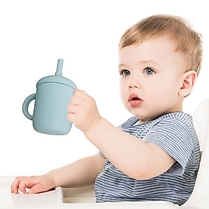 Sangyn 2 Pack Toddler Training Cup with Straw,BPA-Free,5 Oz Silicone Sippy Cups, Unbreakable, Trainer Cup for Babies Toddlers and Infants(Sky Blue, Brown)