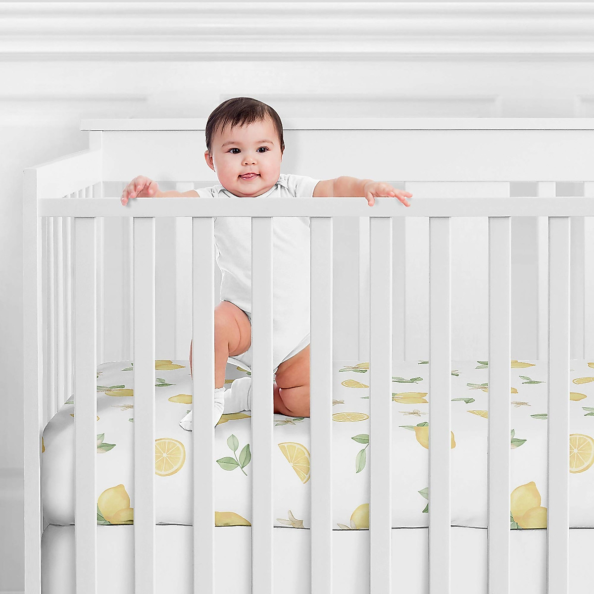 Sweet Jojo Designs Lemon Floral Girl Fitted Crib Sheet Baby or Toddler Bed Nursery - Yellow Green Beige White Watercolor Boho Bohemian Farmhouse Fruit Flower Blossom Botanical Leaf