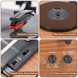 MPK Bluetooth Record Player,Turntable HiFi System with Bookshelf Speakers, 3-Speed Belt-Drive Vinyl Turntable for Vinyl Records with Wireless Playback and Auto-Stop,Yellow Wood