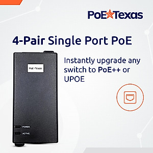 Poe Texas PoE Injector - 802.3bt PoE++ Single Port 4 Pair Power Over Ethernet Injector - 6KV Surge Protection - Active PoE Adapter 55V 60W Output - 10/100/1000 Gigabit Data - Wall Mount Plug & Play