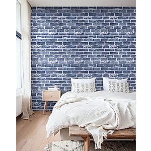 Timeet Brick Wallpaper Peel and Stick Wallpaper Blue Self-Adhesive Wallpaper 17.7" x 197" Removable Wallpaper Faux Brick Wallpaper for Bedroom Living Room Decor Vinyl Roll