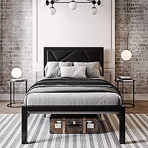 ONBRILL Twin Size Modern Metal Bed Frame with Contemporary Faux Leather and Upholstered Headboard，No Box Spring Needed, Black