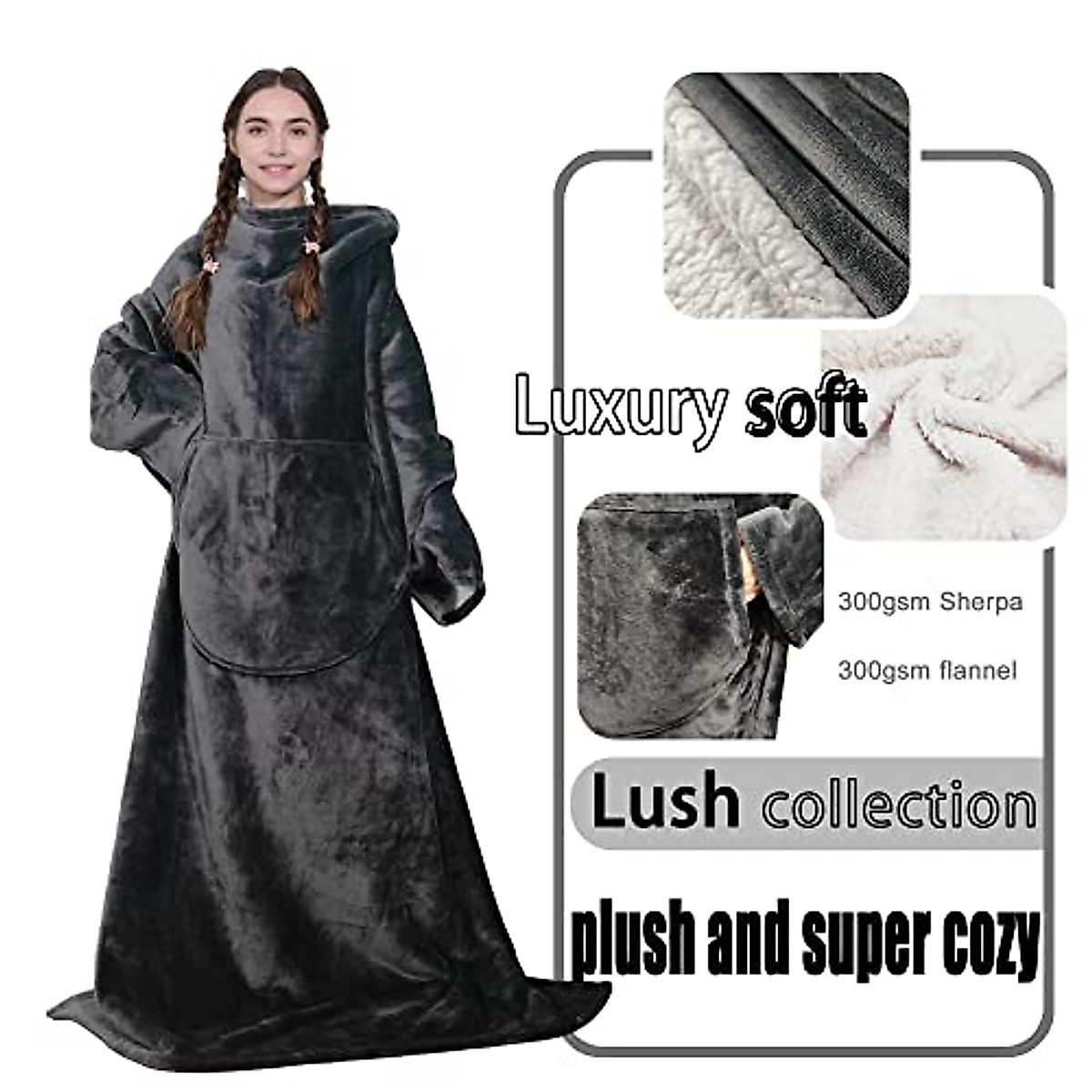 NordECO HOME Sherpa Wearable Blanket for Adults, Oversized Blankets for Women and Men with Warm Sleeve and Big Pockets, Valentines Day Gifts Long Fleece TV Throws Blanket 72" x 55" (Deep Grey)