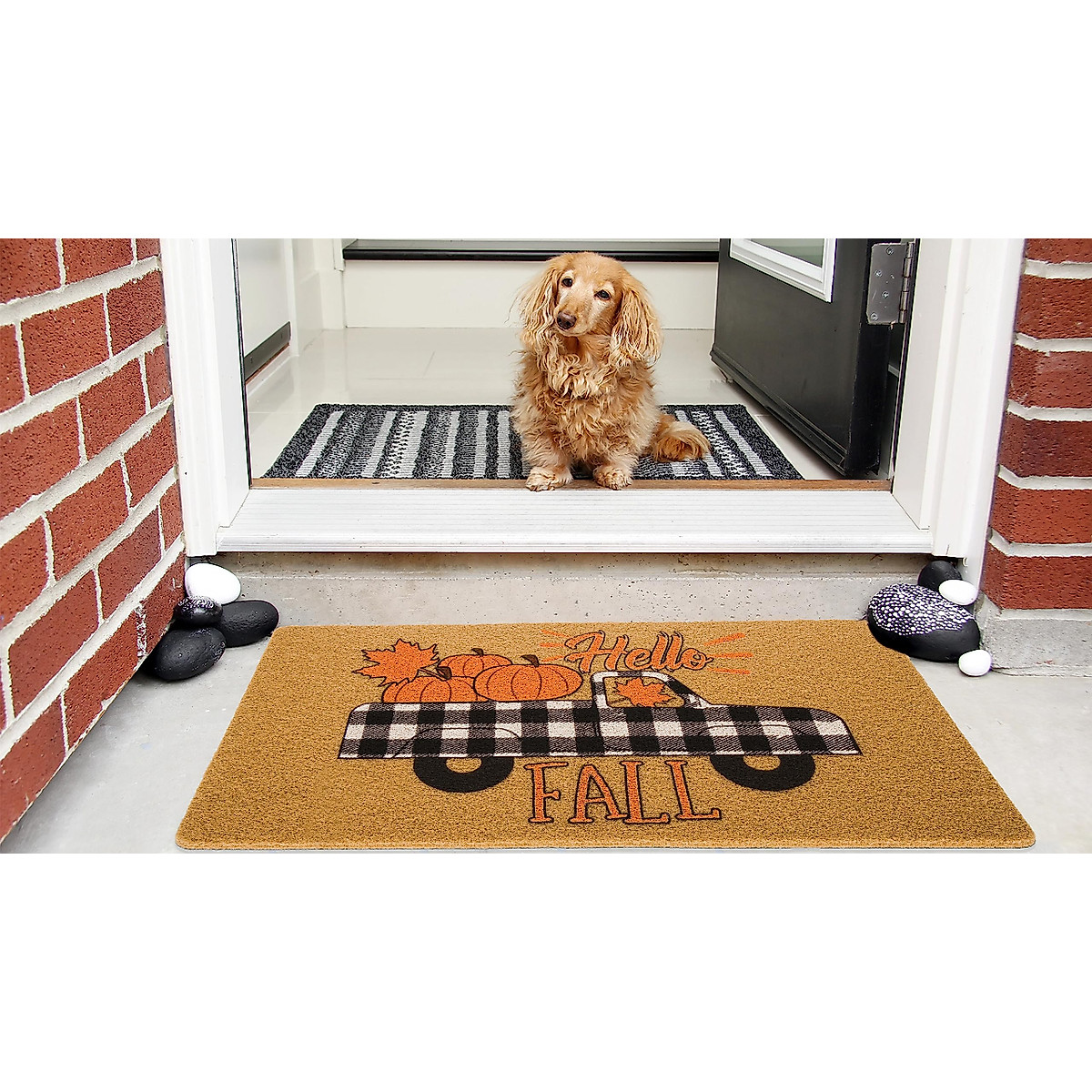 CaySep Welcome Fall Farm Pumpkin Truck Door Mats - Home Fall Decorative Doormat for Outdoor Entrance Non Slip Rubber Mat (Pumpkin)