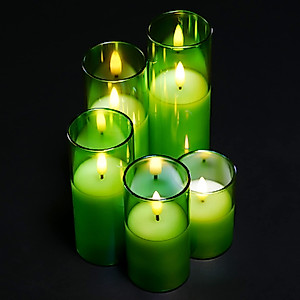 Girimax Green Glass Flameless Candles with Remote, Flickering LED Votive Pillar Candles Battery Operated Slim Tall Candles Φ 2" H 3" 4" 5" 6" 7"