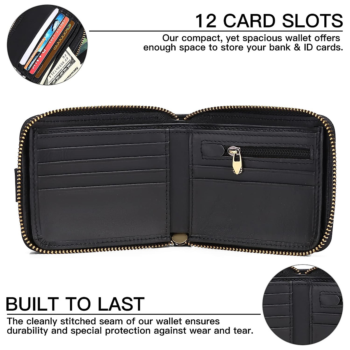 GOIACII Genuine Leather Wallet for Men RFID Blocking Men Wallet with Zipper Coin Pocket ID Window