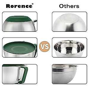 Rorence Mixing Bowls Set: Stainless Steel Non-Slip Bowls with Pour Spout, Handle and Lid - Set of 3 - Green