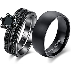 LOVERSRING Couple Ring Bridal Sets His Hers Women 18k Black Gold Plated Cz Men Titanium Wedding Ring Band Set