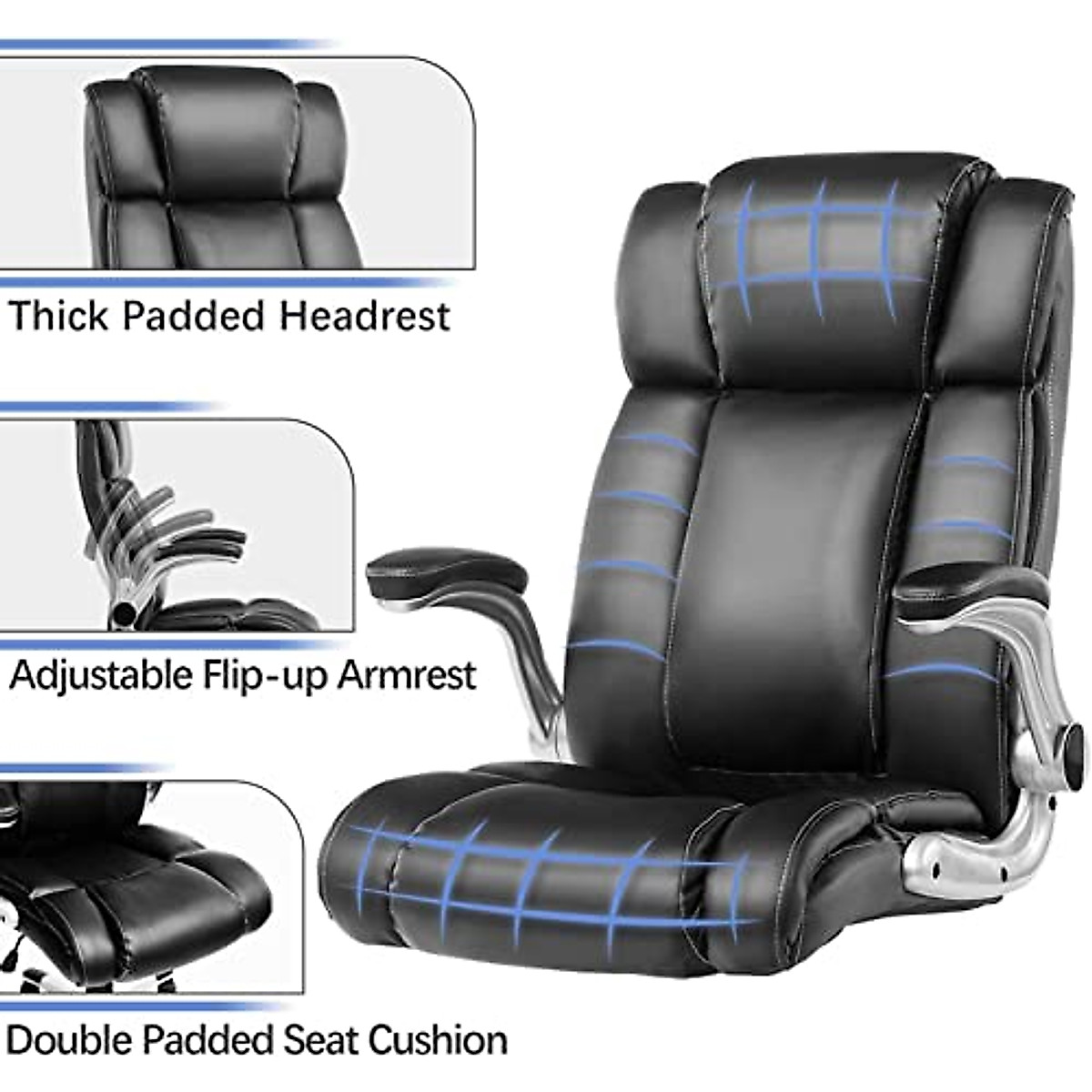 KCREAM Executive Office Chair PU Leather with Flip-up Arms, Desk Chair Swivel Task Chair with Lumbar Support, Adjustable Height/Tilt, 360-Degree Swivel, 300Lb Weight Capacity