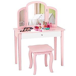 KOTEK Kids Vanity Set w/Tri-Folding Mirror, Princess Makeup Dressing Table w/Detachable Top & Drawer, 2-in-1 Vanity Table and Chair Set, Pretend Beauty Play Vanity for Girls (Pink)