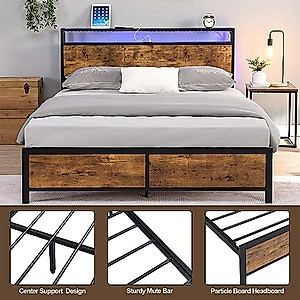 Anwick Metal Queen Bed Frame with Storage Headboard and 2 USB Ports,Industrial Bed Frame Queen Size with LED Lights and Underbed Storage,Noise Free, No Box Spring Needed (Queen)