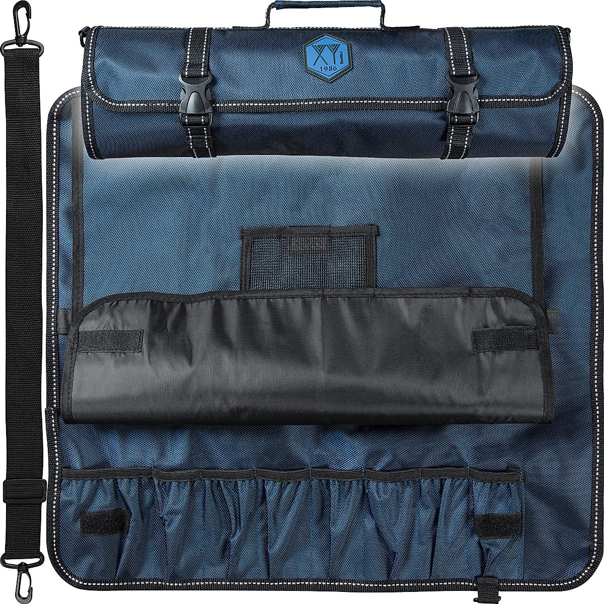 Authentic XYJ Since 1986,Chef Knife Bag With Shoulder Strap,8 Slots Roll Bag,Travel Camping Storage Carry Case,Oxford Cloth Portable Pockets Bag Holds Kitchen Knives Tools Set (XYJ Blue)