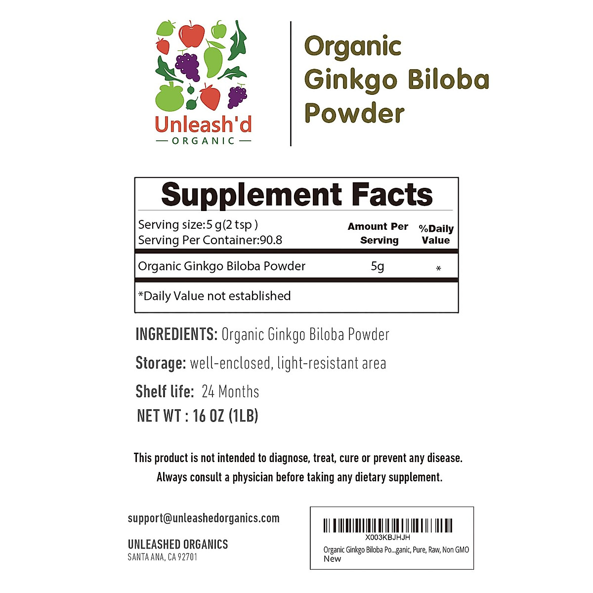 UNLEASH'D ORGANIC Organic Ginkgo Biloba Powder 16 oz Supports Brain Function and Mental Alertness Vegan Friendly Raw and Non-GMO