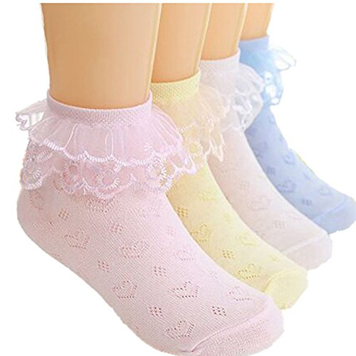 Baby Girl Lace Socks, Eyelet Frilly Lace Socks Cotton Ankle Socks for Toddler, Pack of 4 Pair
