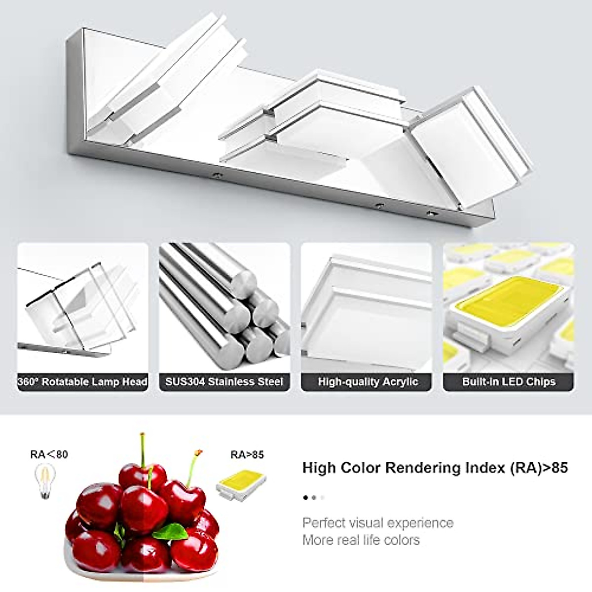 3 Color Temperature Dimmable Bathroom Light Fixtures over Mirror LED Chrome 3 Light Bathroom Vanity Light Fixtures Acrylic Stainless Steel Square Shade Vanity Lights for Bathroom, ETL Certificated