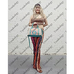 Boho Tassel Leaf Charm Aztec & Stripe Embroidered Canvas Satchel Tote Handbag Purse (Embroidered Satchel - Beige/Blush)