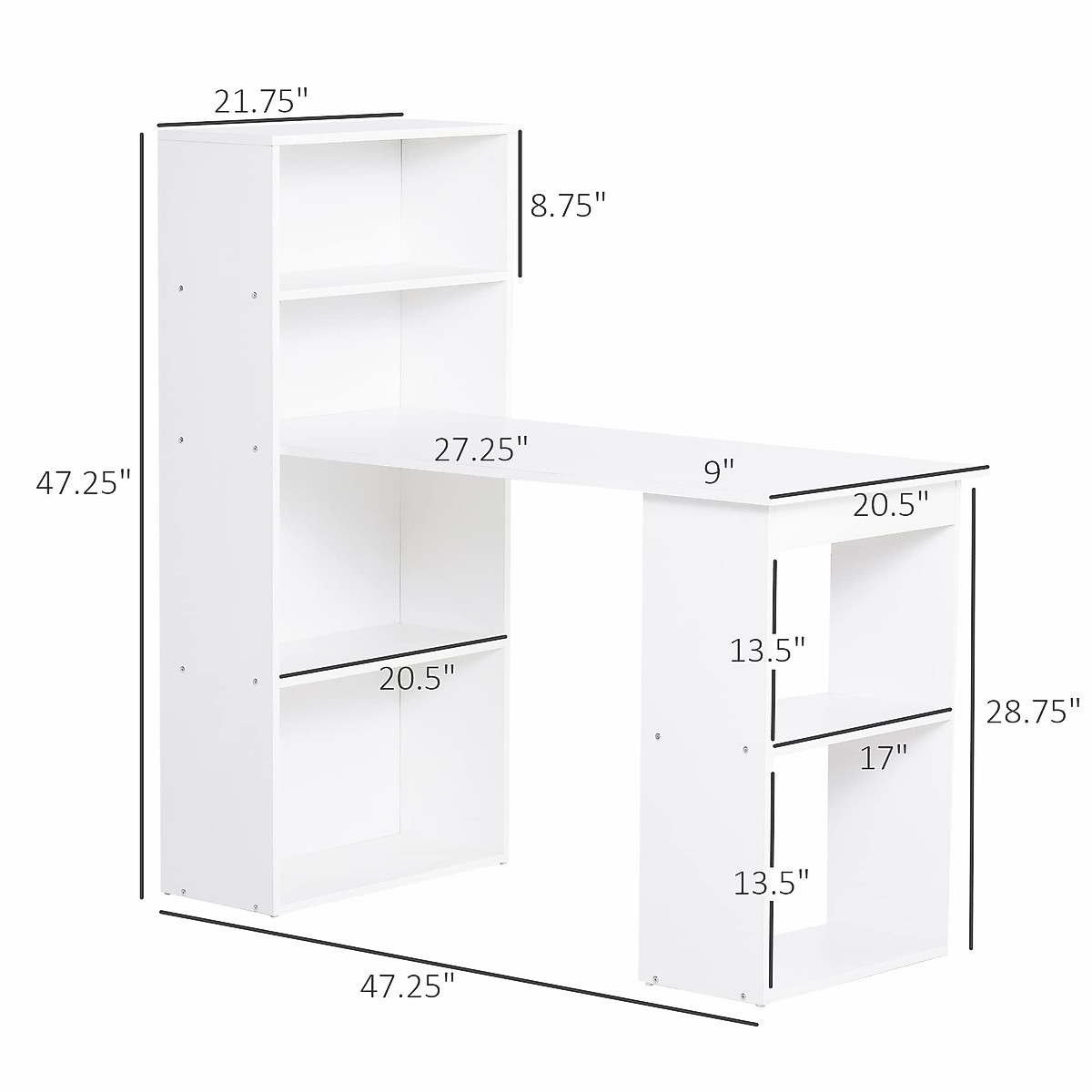 HOMCOM Modern Home Office Desk with 6-Tier Storage Shelves, 47" Writing Table with Bookshelf, White