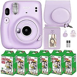 Fujifilm Instax Mini 11 Camera with Fujifilm Instant Mini Film (60 Sheets) Bundle with Deals Number One Accessories Including Carrying Case, Selfie Lens, Photo Album, Stickers (Lilac Purple)