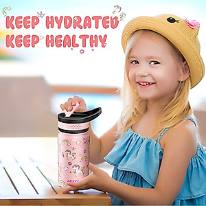 AEXPF Insulated Kids Water Bottle with Sleeve, 14 oz Double Wall Vacuum Stainless Steel Leakproof Thermos Water Bottle with 2 Straw Lids, Portable Unicorn Pattern Kids Cup for School Travel Camping