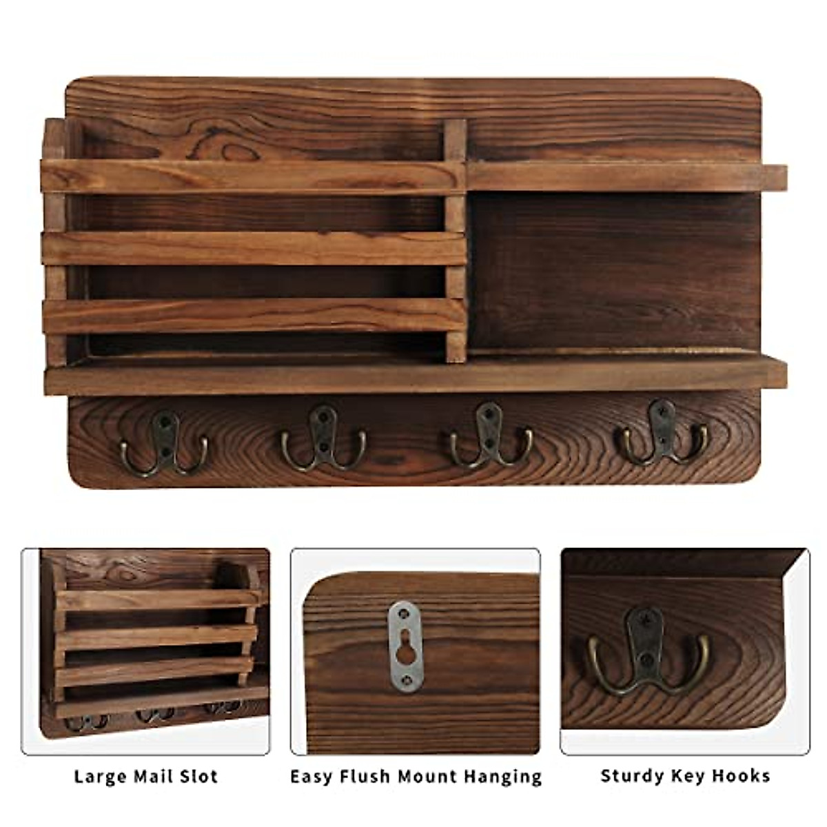 Laerjin Key Holder for Wall Wall-Mounted Key and Mail Holder with 4 Double Key Hooks and A Floating Shelf Rustic Home Decor for Entryway or Mudroom - Burlywood