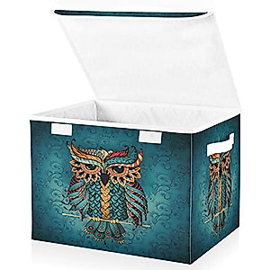 DOMIKING Blue Owl Large Storage Bin with Lid Collapsible Shelf Baskets Box with Handles Toys Organizer for Clothes Toy Gift Storage