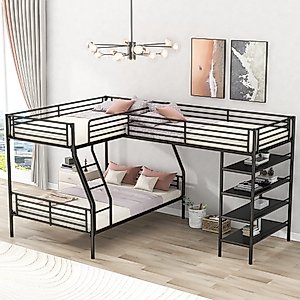 BIADNBZ L-Shaped Metal Twin Over Full Bunk Bed and Twin Size Loft Bed with Four Built-in Shelves,Full-Length Guardrails for Kids/Teens,Black