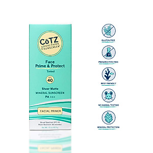 COTZ Face Prime & Protect Tinted Mineral Sunscreen and Facial Primer Broad Spectrum SPF 40; PA+++ 1.5 oz / 42.5 g.