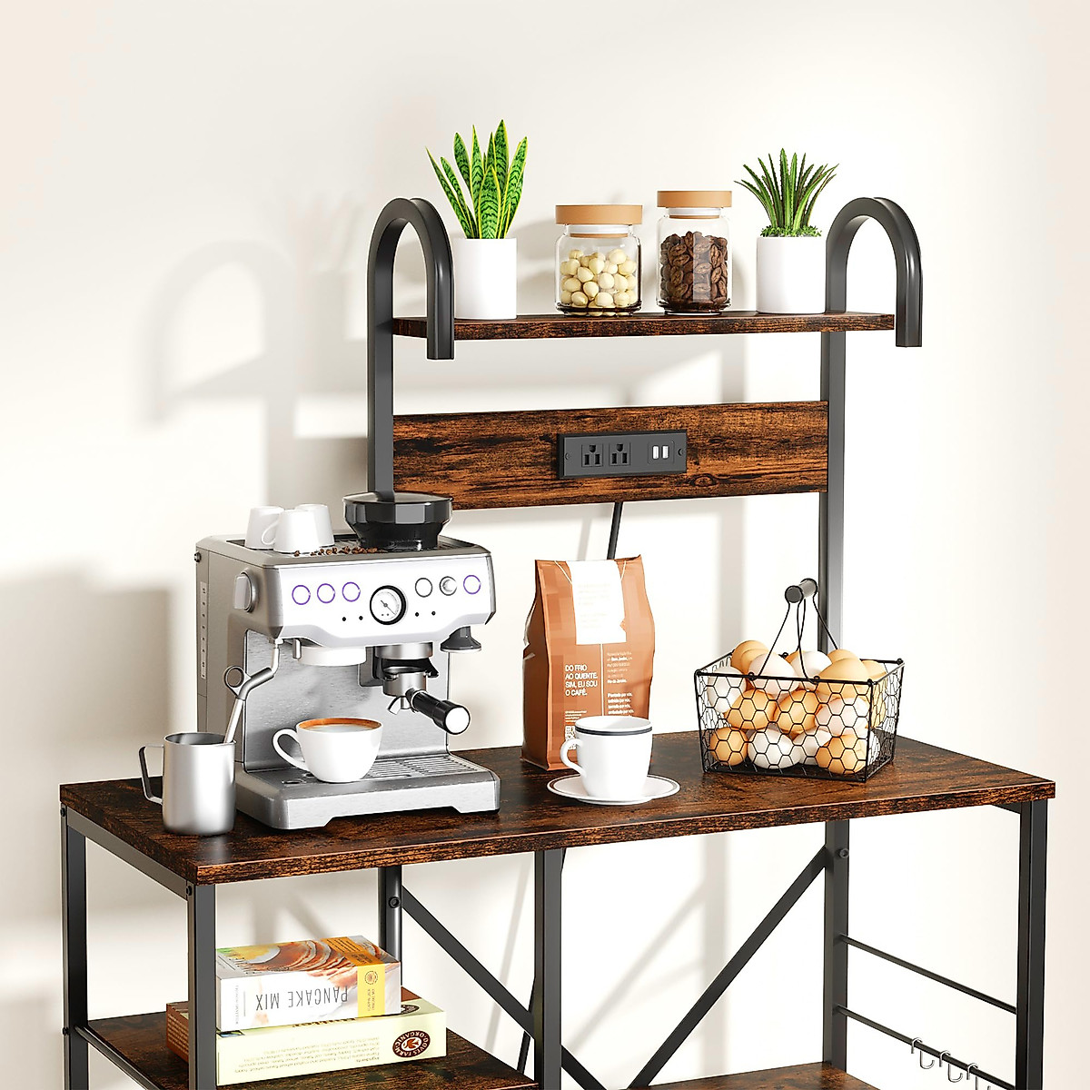 JAMFLY Bakers Rack with Power Outlet, Microwave Stand, kitchen Storage Shelf with 6 Hooks, Coffee Bar Station with Wire Basket, 6 Tier Kitchen Rack for Living Room, Spice, Pots and Pans Organizer