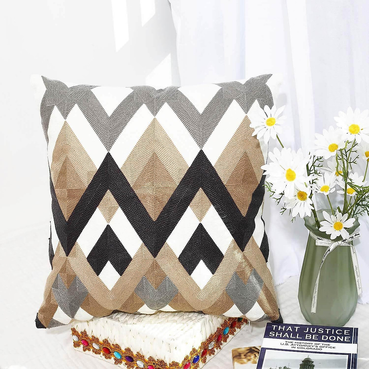 Oneslong Decorative Throw Pillow Covers for Couch Living Room 18x18 inches Set of 2 Full Embroidery Geometric Strip Pattern on Face