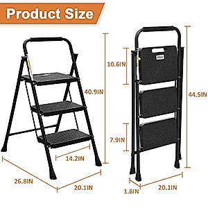 HBTower 3 Step Ladder, Folding Step Stool with Wide Anti-Slip Pedal, 500lbs Sturdy Steel Ladder, Convenient Handgrip, Lightweight, Portable Steel Step Stool, Black
