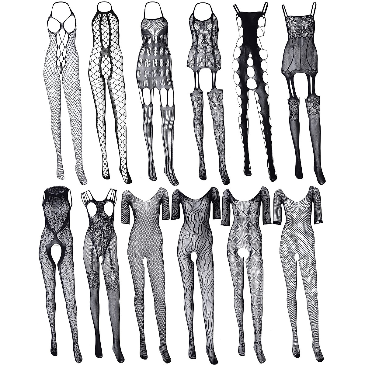 12 Pieces Women's Fishnet Lingerie Mesh Bodysuit Lace Smock Lingerie for Women (Fresh Style)