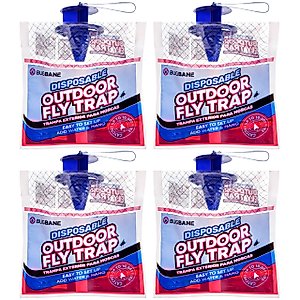 Fly Trap Outdoor Hanging Fly Catcher. 4 Pack Disposable Outdoor Fly Bags with Fly Bait Repellent and Blue Fly Attractant Lure. Fly Trapper Helps Control Horse Flies in Barns or Ranch