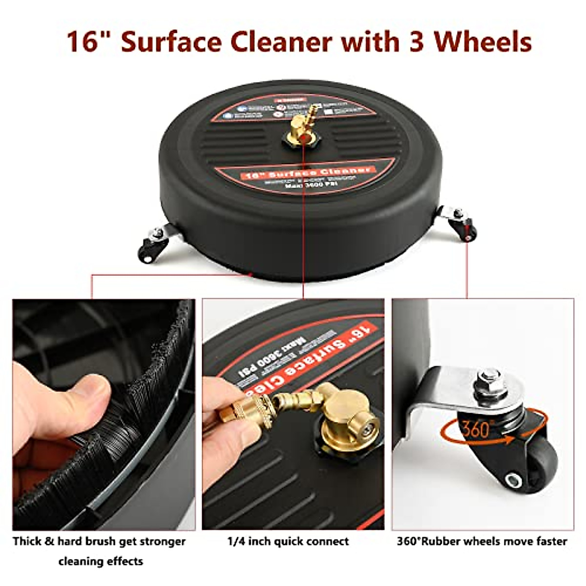 Pressure Washer Surface Cleaner, TAOZIM 16" Power Washer Surface Cleaner for Pressure Washer w/ 3 Wheels 1/4" Quick Connector 2 Extension Wands 2 Replace Nozzle Pressure Washer Attachments, 3600 PSI
