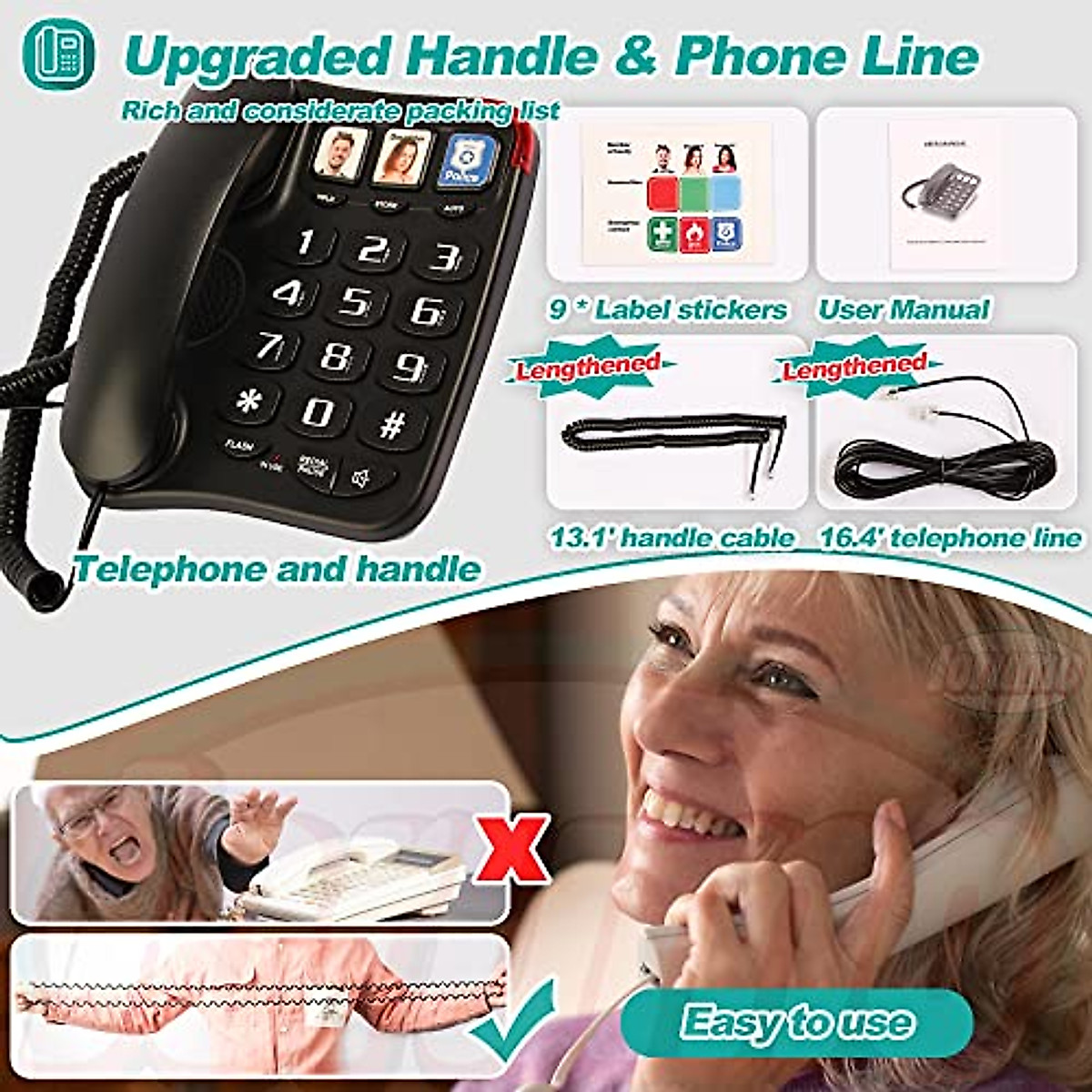 Big Button Phone for Seniors, Telephones for Hearing Impaired, 9 Picture Labels and 3 Picture Keys, Extra Long 16.4' Cord Simple Landline Phones for Seniors, White