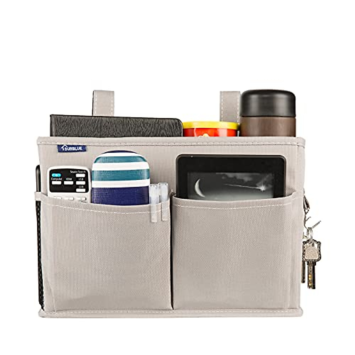Surblue Bedside Caddy Hanging Bed Organizer Storage Bag Pocket for Bunk and Hospital Beds, College Dorm Rooms Baby Bed Rails, Camp 4 Pockets and 2 Hooks (Small, Gray)