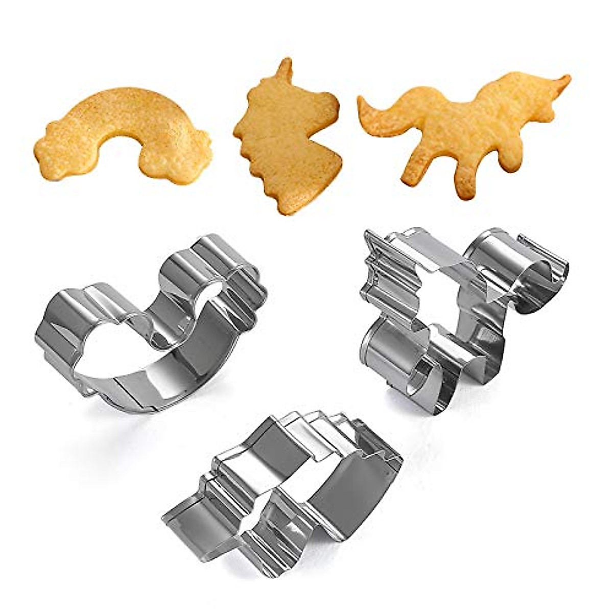 Zavaca 3 Pieces Unicorn Cookie Cutters, Stainless Steel Unicorn Biscuit Cutter, Unicorn Head, Rainbow for DIY Baking