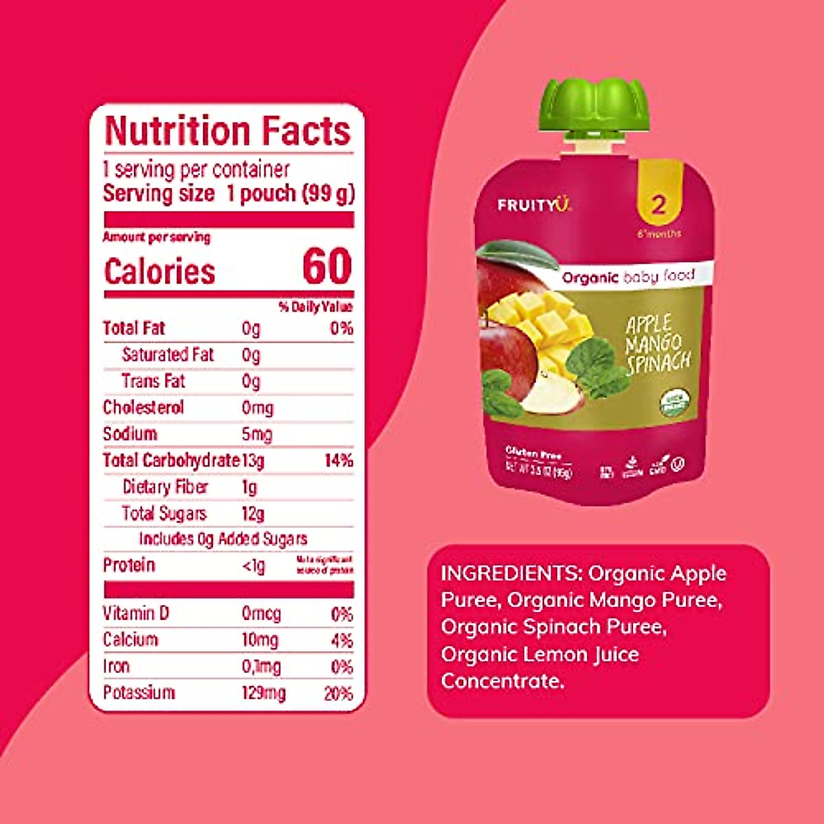 FruityU Organics Baby Food Stage 2 Variety Pack - Banana Blueberry Oatmeal, Apple Mango Spinach, Apple Cherry 3.5 ounce pouch (Pack of 12)