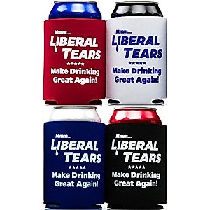 Republican Supporting Liberal Tears Drink Insulators 4 Pack in Black, Red, White, and Blue. Perfect American Patriotic Gift for Dad, Husband and Conservatives. Collapsible Coolers for 12oz - 16oz cans