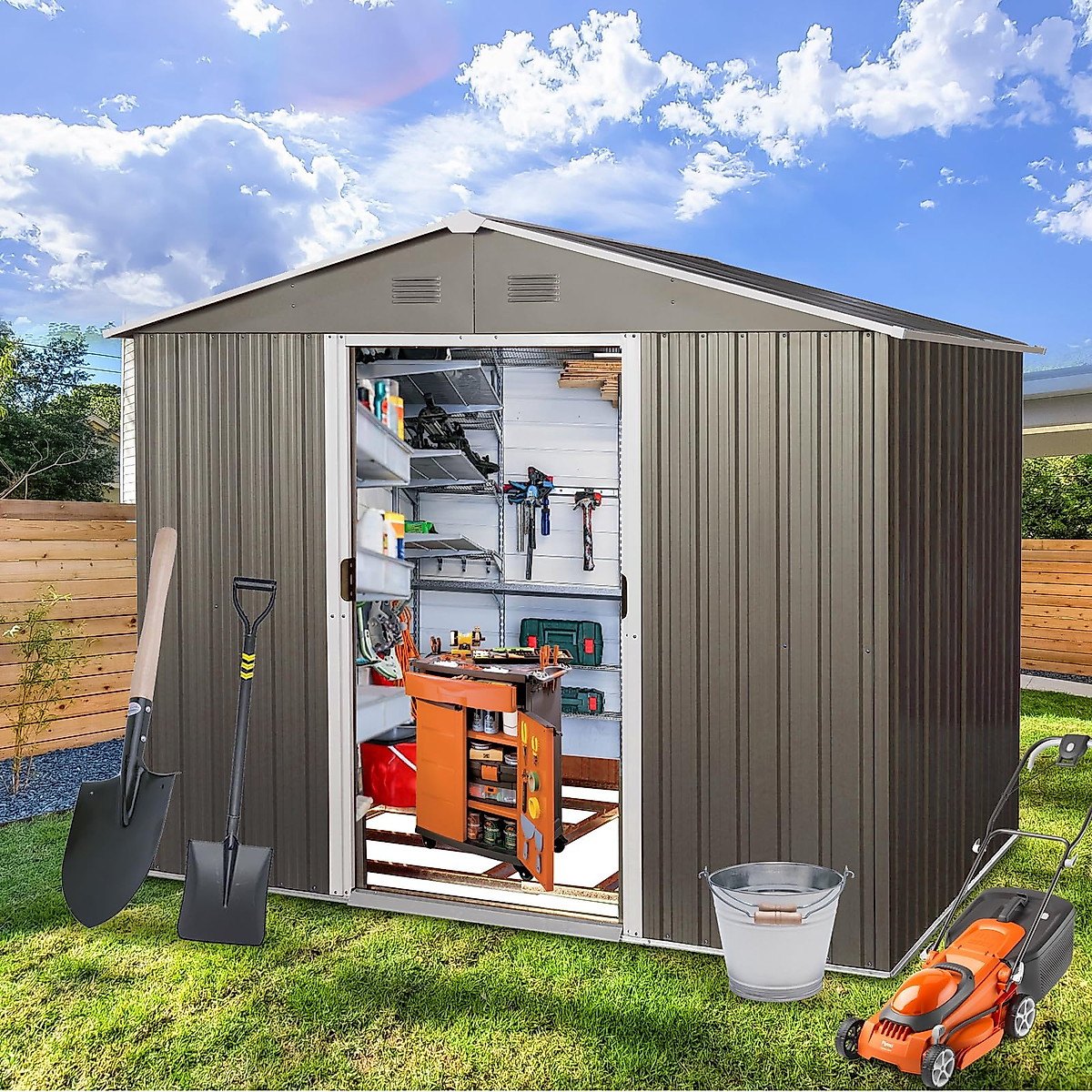 CuisinSmart 8 x 6 Ft Outdoor Storage Shed, All Weather Metal Sheds with Lockable Doors, Floor, Sloping Roof and 2 Vent, Outside Waterproof Tool Shed for Garden, Patio, Backyard, Lawn,Gray