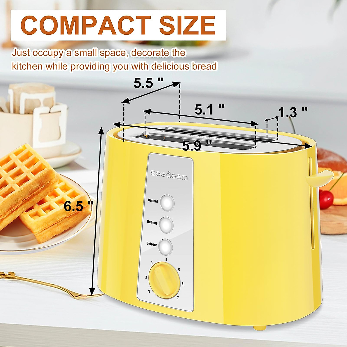 SEEDEEM Toaster 2 Slice, Extra Wide Slot Toaster, 7 Shade Settings, Bread Toaster with Cancel, Defrost, Reheat Function, Extra Wide Slots for Waffle or Bagel, Removable Crumb Tray, 750W, Lemon Yellow