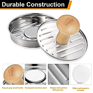 Mepple Burger Press with Non-Stick 100 Patty Papers, Hamburger Press Patty Maker with Wooden Handle, Burger Mold for Hamburger Meat Veggie BBQ, Barbecue Grilling Accessories and Kitchen Tool, 5” Dia