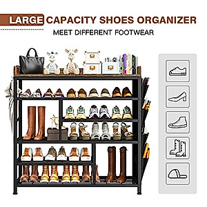 EnHomee Shoe Rack for Entryway Metal Shoe Racks with Boots Storage for 18-22 Pairs Free Standing Entryway Shoes Rack Sturdy Shoe Shelf Wooden Top & Side Pocket for Entry, Entrance, Hallway, Black