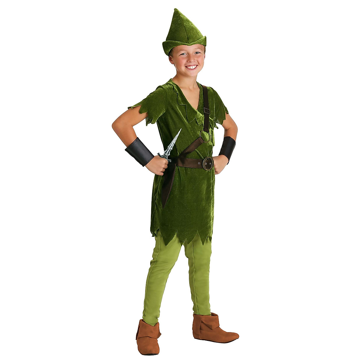 Kids Peter Pan Costume with Hat, Shirt, Tights, Belt/Harness and Wrist Cuffs Green
