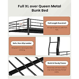 Miscoos Full XL Over Queen Bunk Bed with Trundle, Heavy-Duty Bunk Bed Frame with Ladder and High Guardrail, Convertible into 3 Beds for Kids Teens Girls Boys, Black