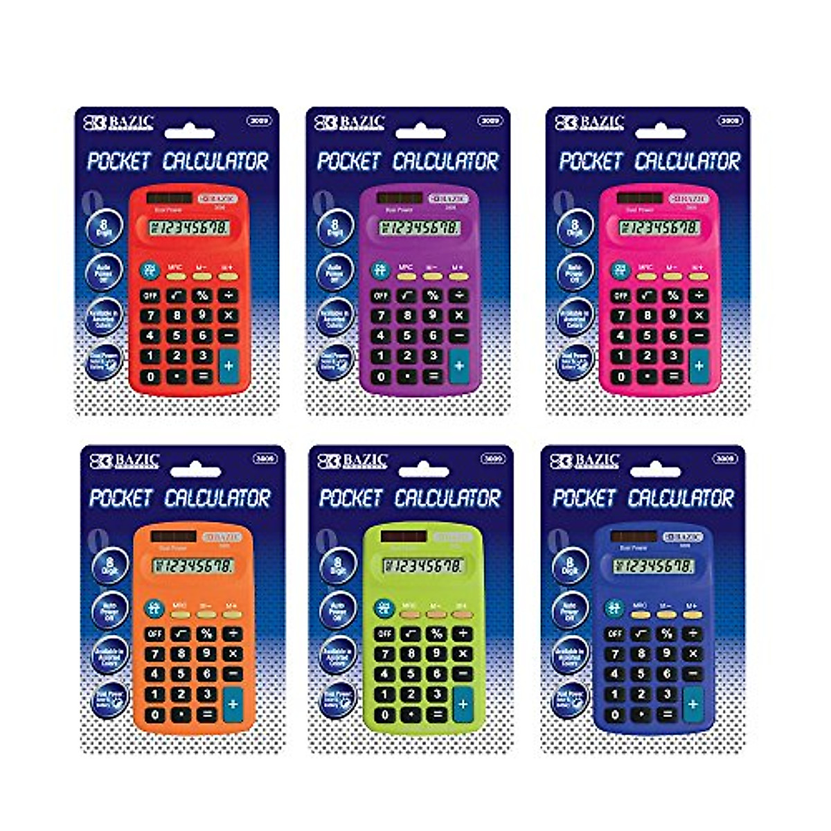 BAZIC 8-Digit Dual Power Pocket Size Calculator (Color may vary)