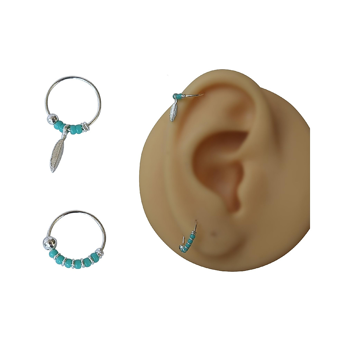 Handmade Silver 2Pcs Small 10MM Cartilgae Helix Piercing Beaded Hoop Earrings, 925 Sterling Silver Thin 22Gauge Set of Two Turquoise Beads & Feather Hoops for women, By Miya Jewelry