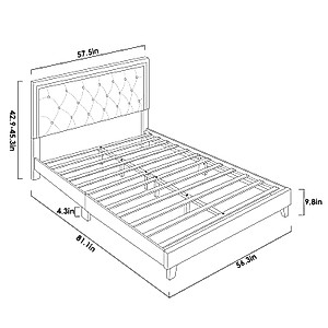HITHOS Full Bed Frame, Upholstered Platform Bed Frame with Modern Adjustable Headboard, Diamond Tufted Mattress Foundation with Wooden Slat Support, No Box Spring Needed, Easy Assembly (Full, Gray)