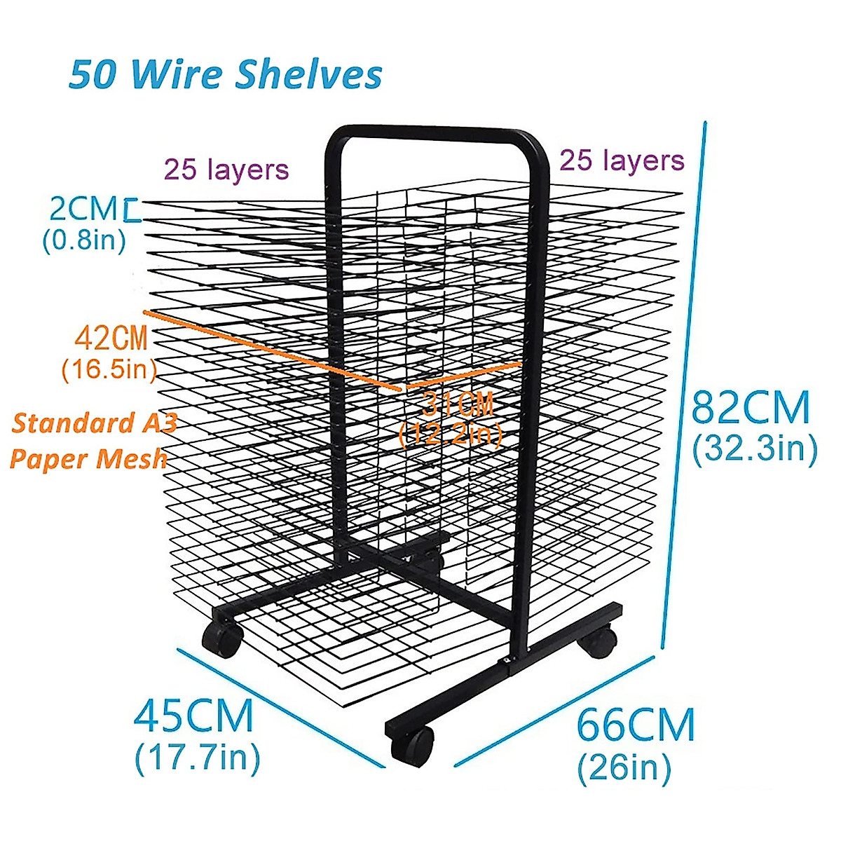 Mobile Wire Drying Rack Art Work and Paint Double Sided 25 Layers Drying Rack with 50 Shelves for Classrooms, Art Studio, 17.7 x 26 x 32.3 inches, Black